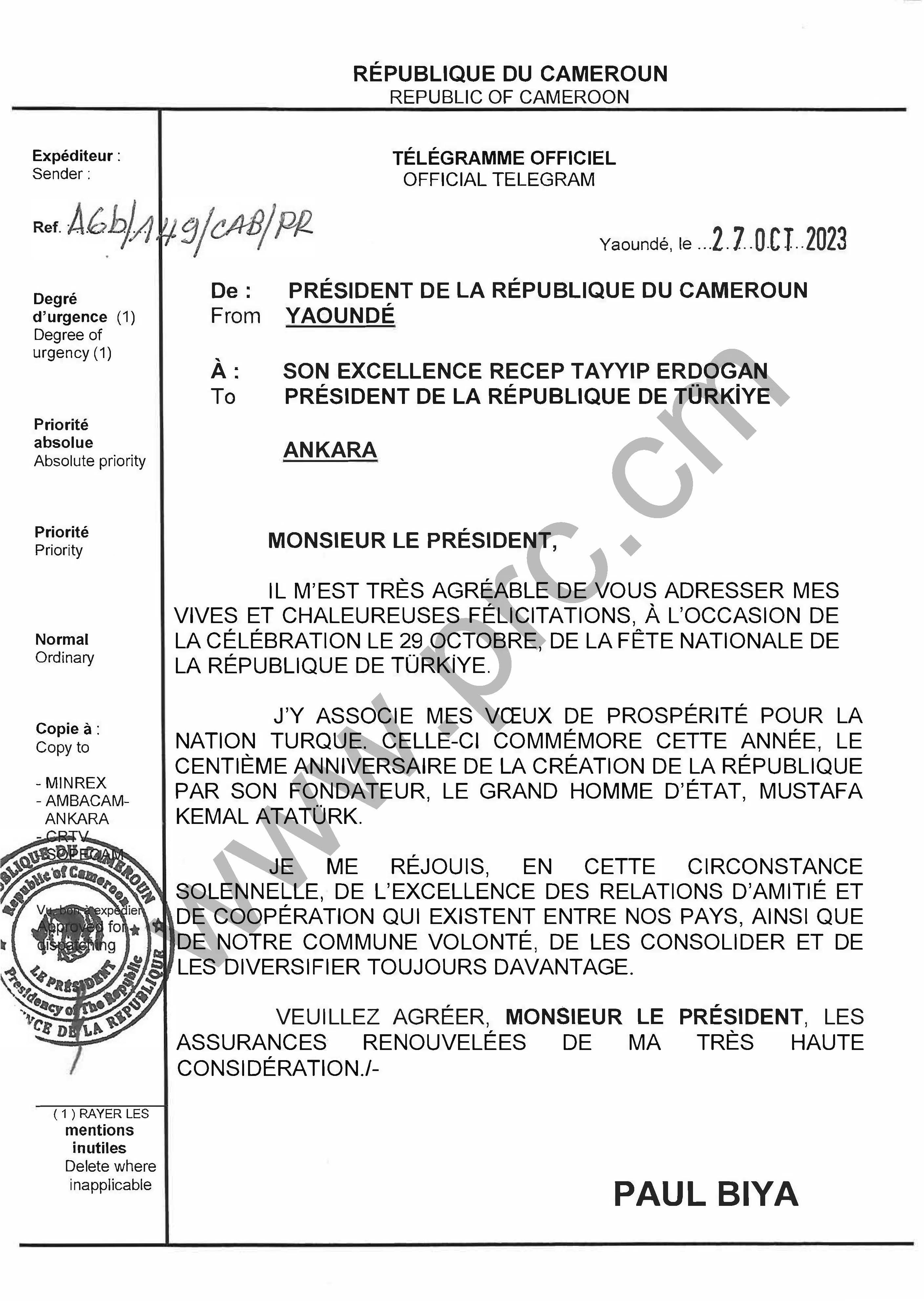 Message de félicitations du Chef de l’État à S.E. Recep Tayyip Erdoğan, à l'occasion de la fête ...